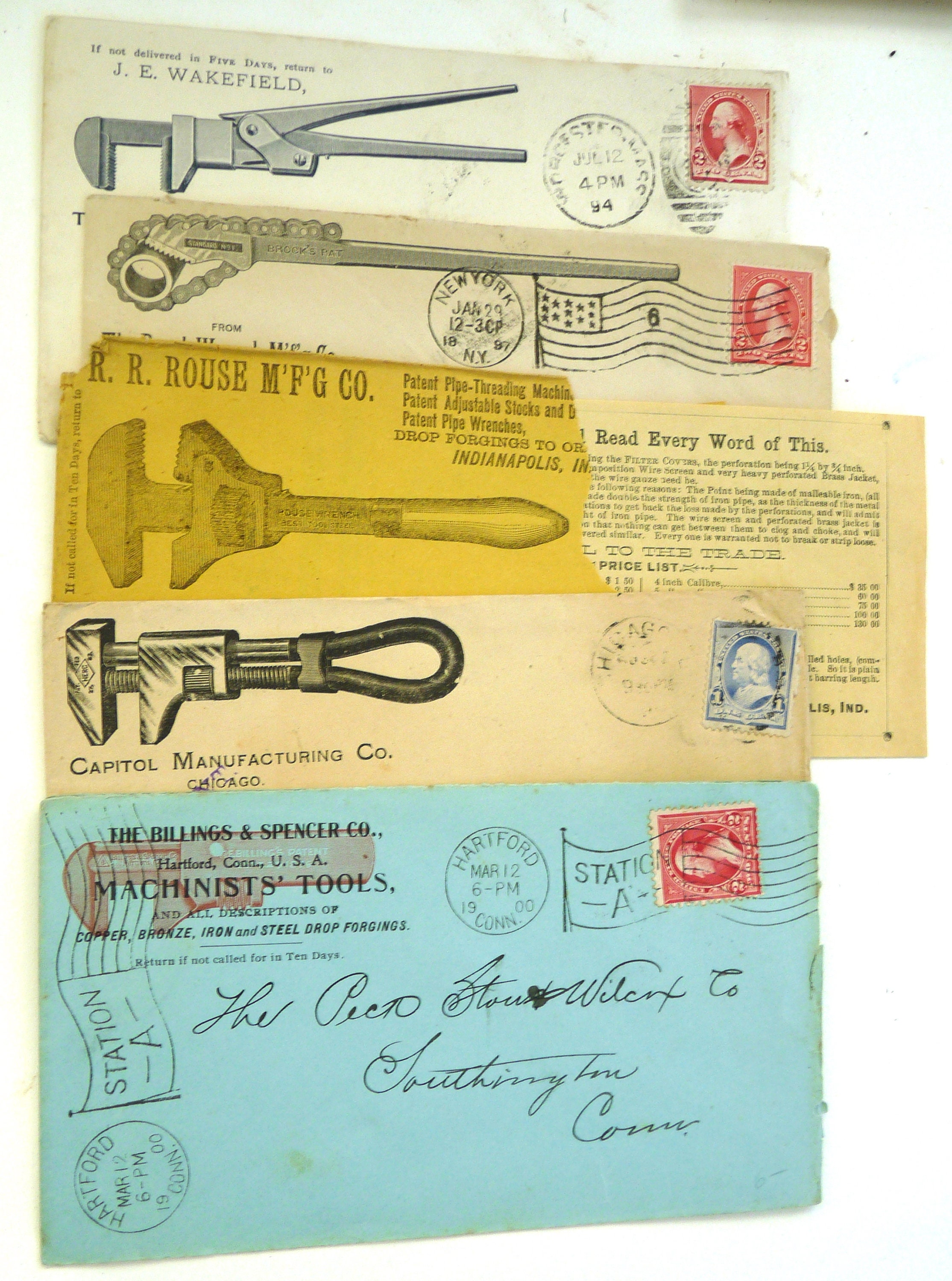 5 Antique Advertising Postal Covers Tools Wrench 1894 Wakefield Rouse ...