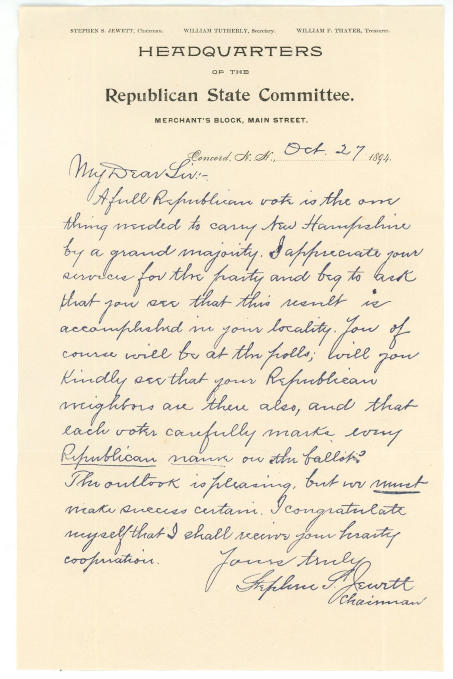 1894 Republican NH State Letterhead Political Ephemera Jewett Tutherly ...