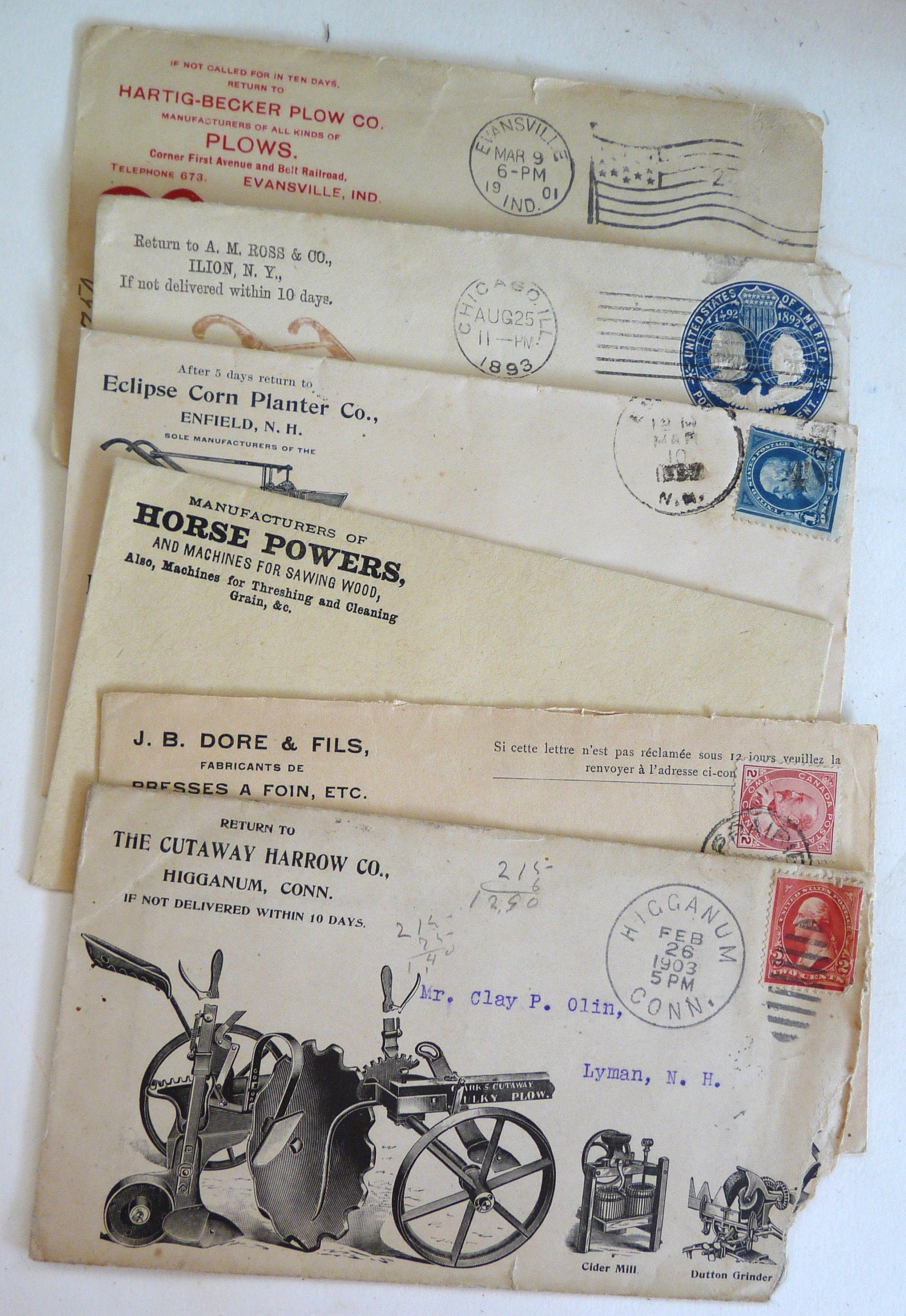6 Advertising Postal Cover Envelope Farm Plow Tools Vintage Victorian ...