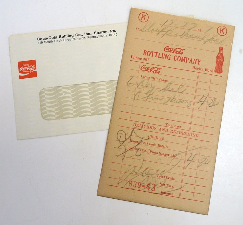 Lot 2 Coke Advertising Items Invoice Cover Rockford Sharon PA 1937 Coco ...