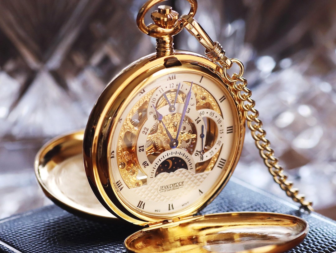 Engraved Sun & Moon Skeleton Pocket Watch: Gold Jean Pierre of ...