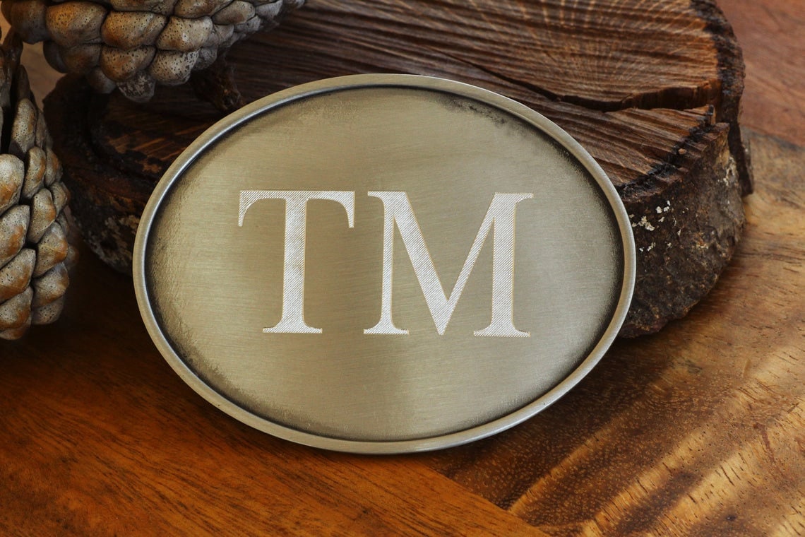 Round Satin Silver MONOGRAM Engraved Belt Buckle, Personalized Belt ...