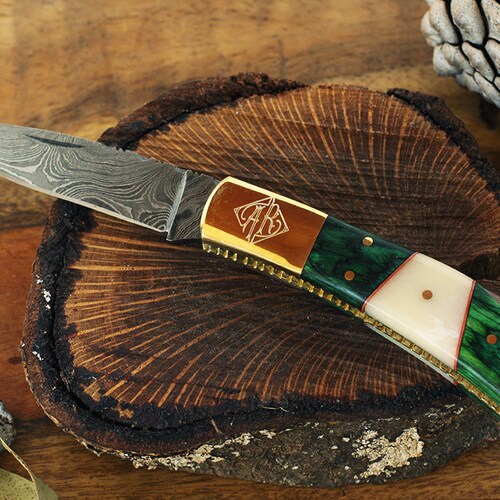 Damascus Pocket Knife With Green Wood & Bone Handle - Etsy