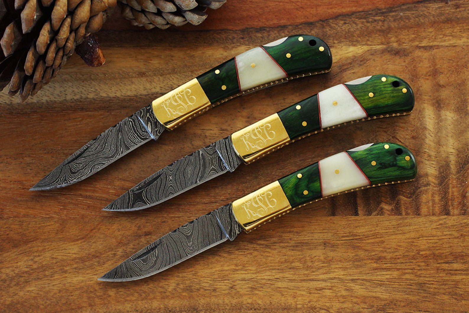 Damascus Pocket Knife With Green Wood & Bone Handle - Etsy