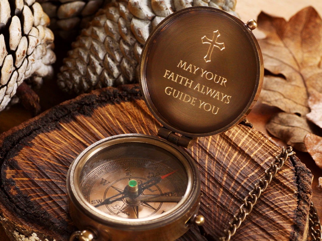 Faith Bronze Personalized Compass With Leather Pouch- Engraved Compass ...