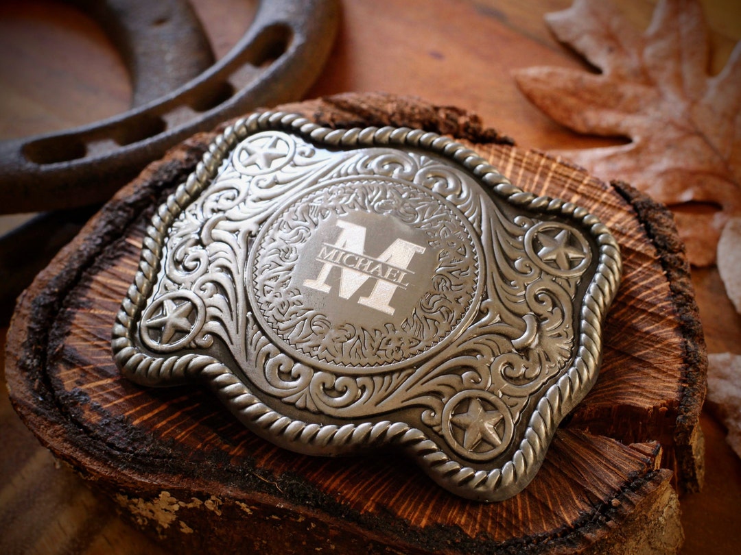 Personalized Cowboy Belt Buckle: Custom Initial Engraved Zinc Alloy - Etsy