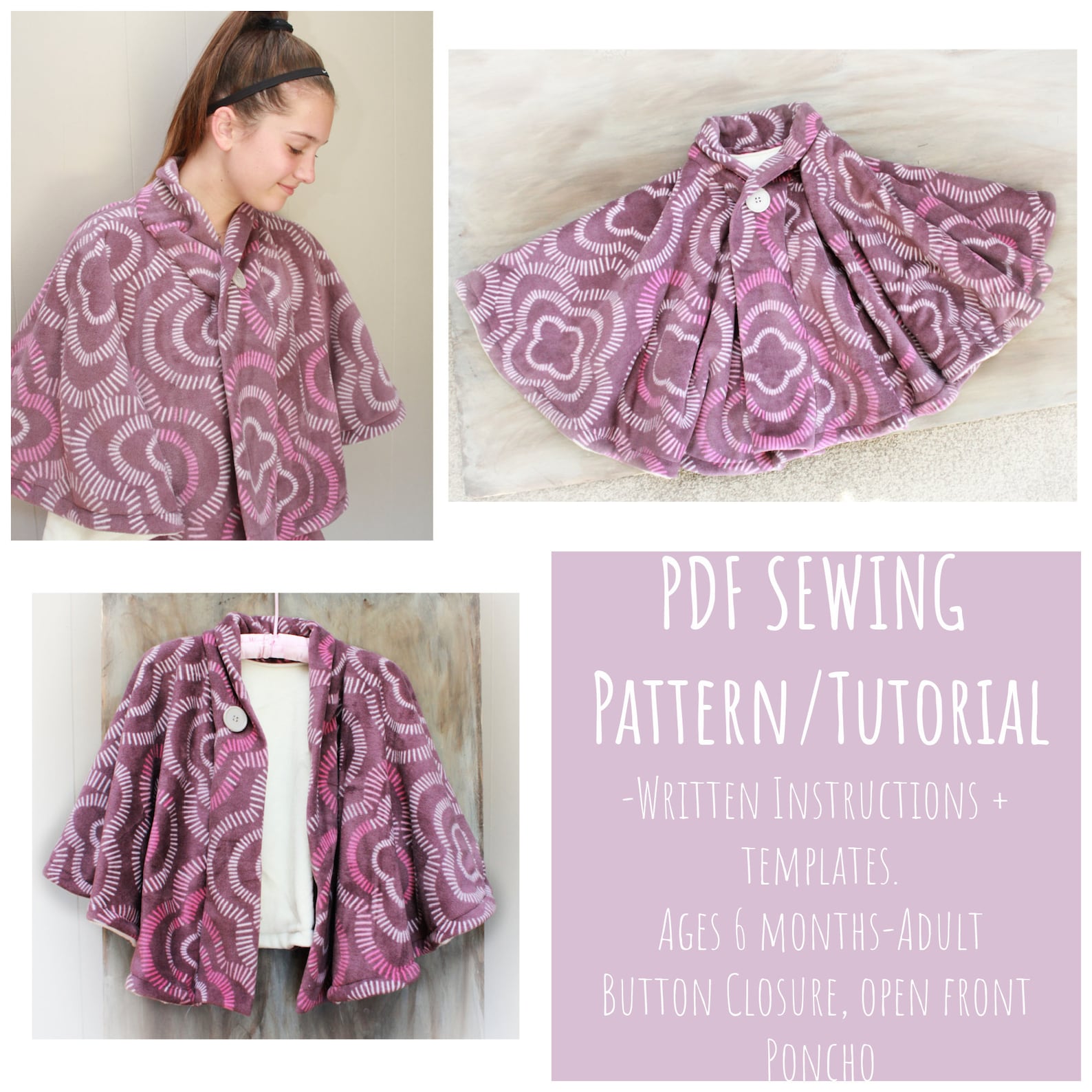 Poncho PDF Sewing Tutorial/pattern - Ages Baby Through Adult - Instant ...