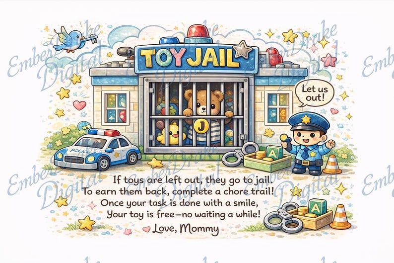 Toy Jail Chore Chart Printable, Cute Police Animals Bail Out Toys ...