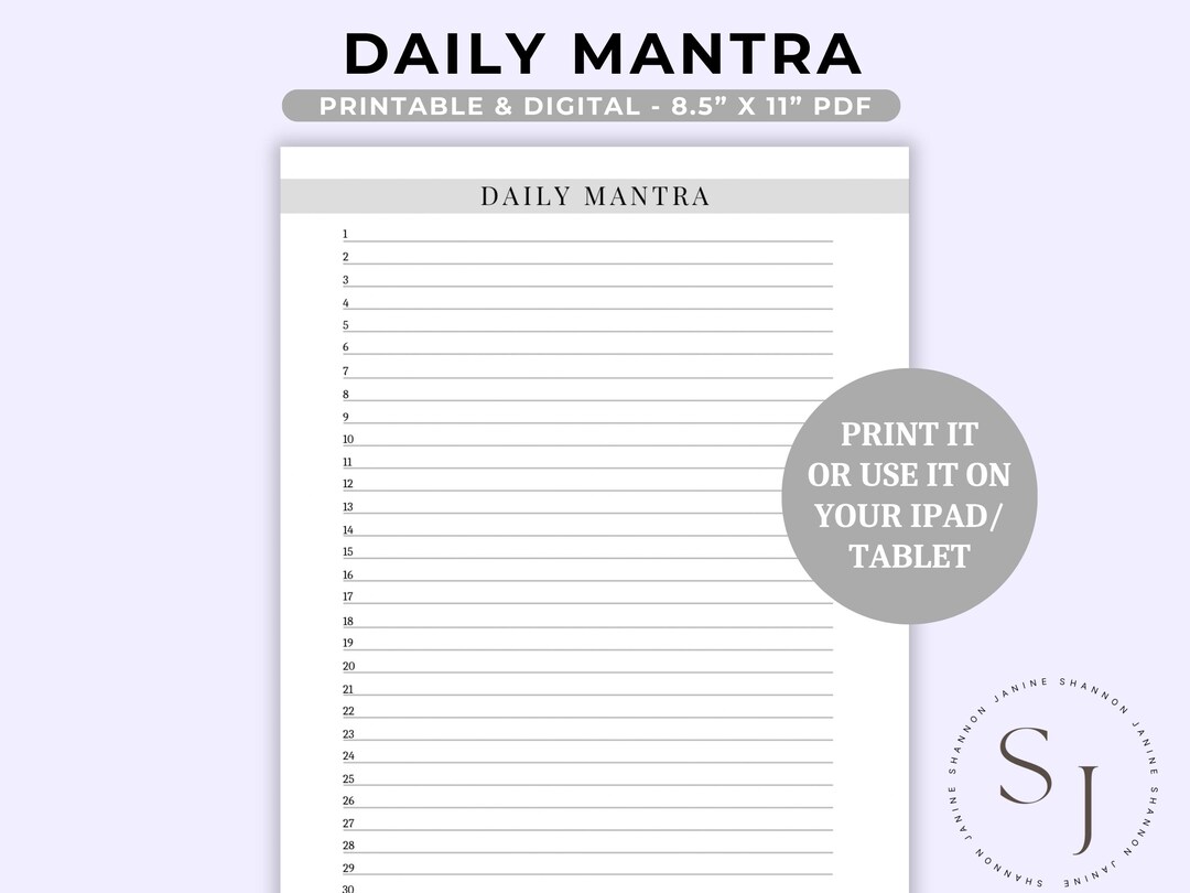 Daily Mantra Tracker Printable Journal Page Digital iPad Planner ...