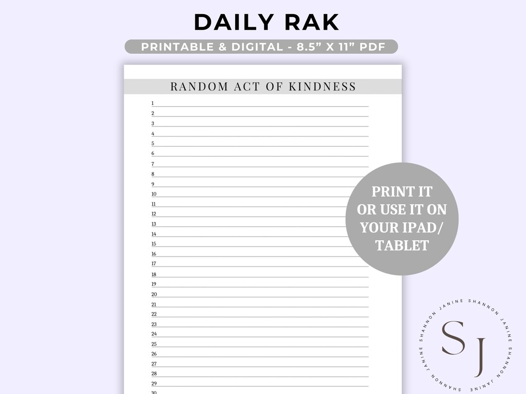 Random Act of Kindness Printable Journal Digital iPad Planner Printable ...