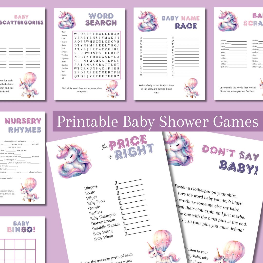 Baby Shower Games Printable Purple Unicorn Baby Shower Games Baby ...