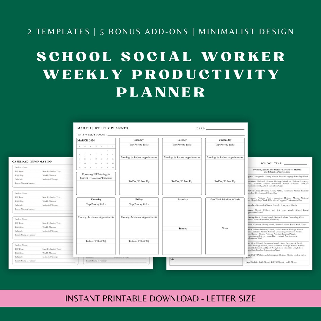 School Social Worker Planner, School Social Work Weekly Plan, SSW ...