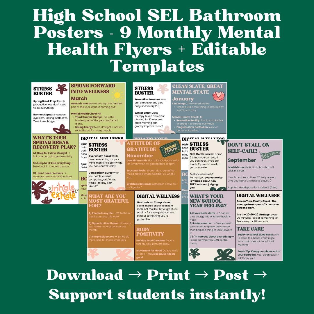 SEL Bathroom Wellness Posters for High School - Monthly Mental Health ...