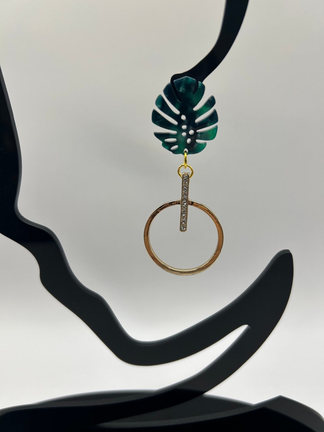 Emerald Green Monstera Palm Leaf Studs Gold Circle Diamanté - Etsy