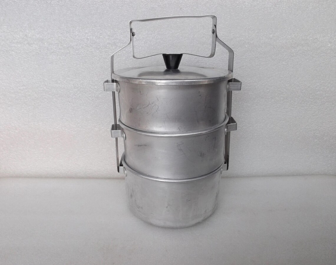 3 Vintage 1960-70s. Aluminum Food Containers 3-tier With Metal Handle ...