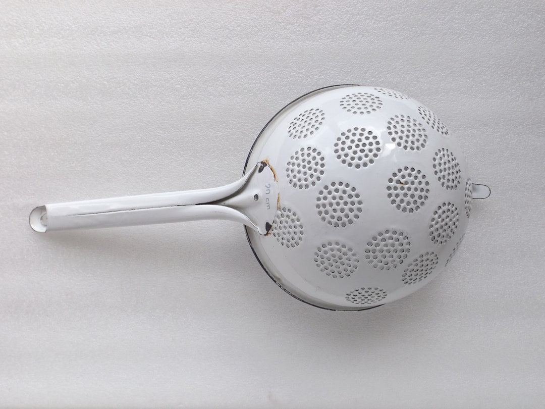 Vintage Еnamel Colander With Long Handle, Enamel Ware Kitchen Utensil ...