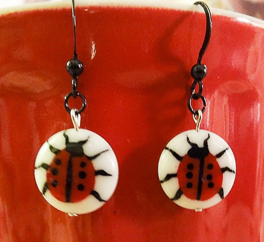 LADYBUG EARRINGS, Ladybug Jewelry, Ladybug on White Bead, Ladybug ...