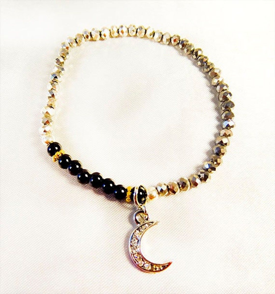 SILVER MOON BRACELET, Silver Crystals, Black Glass Beads, Moon Charm ...