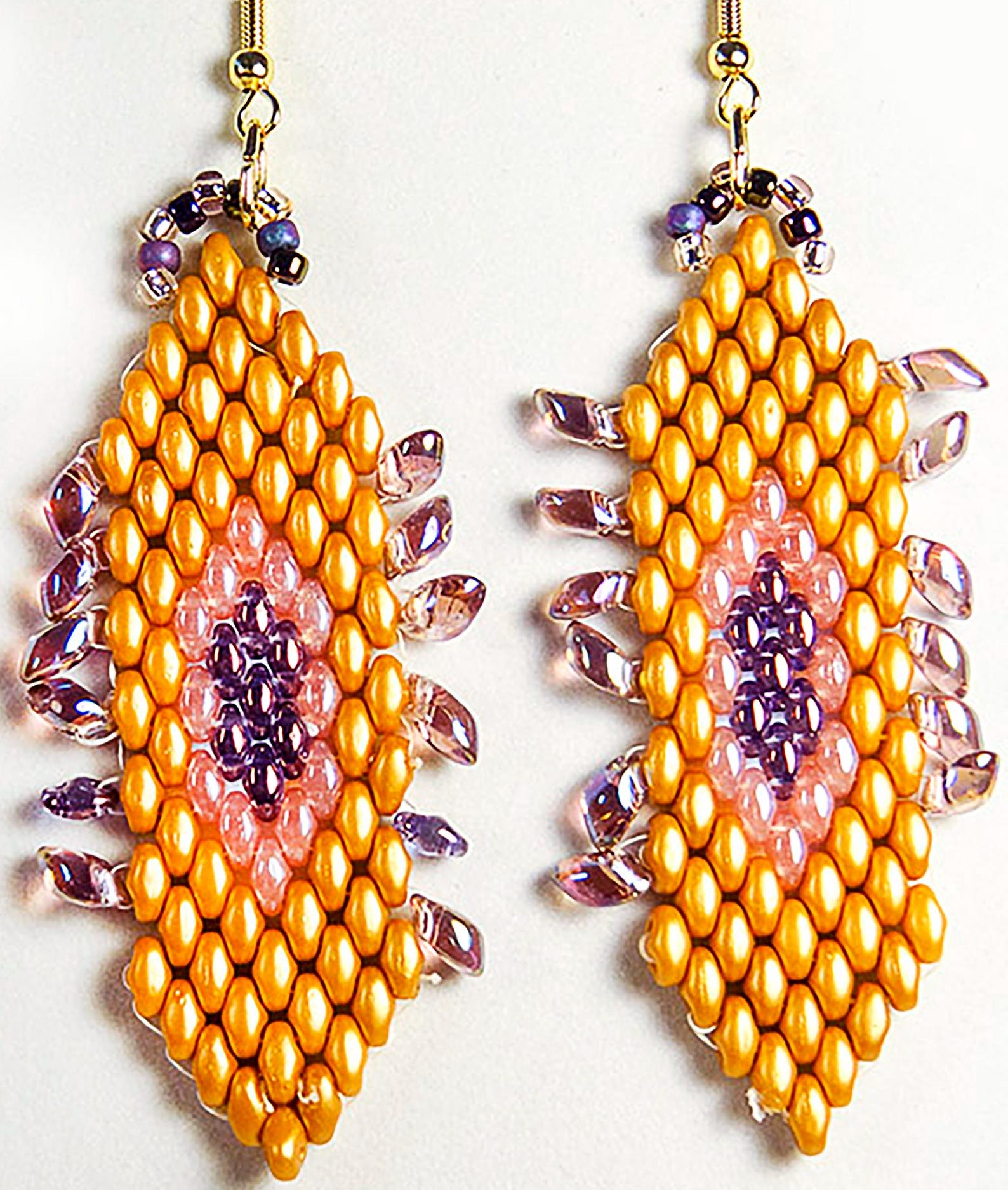Handcrafted Seed Bead Dangle Earrings: Gold, Pink & Purple - Etsy