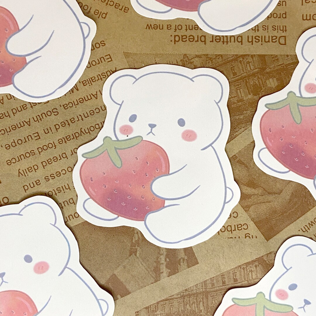 Bear With Stawberry Vinyl Waterproof Sticker Glossy - Etsy