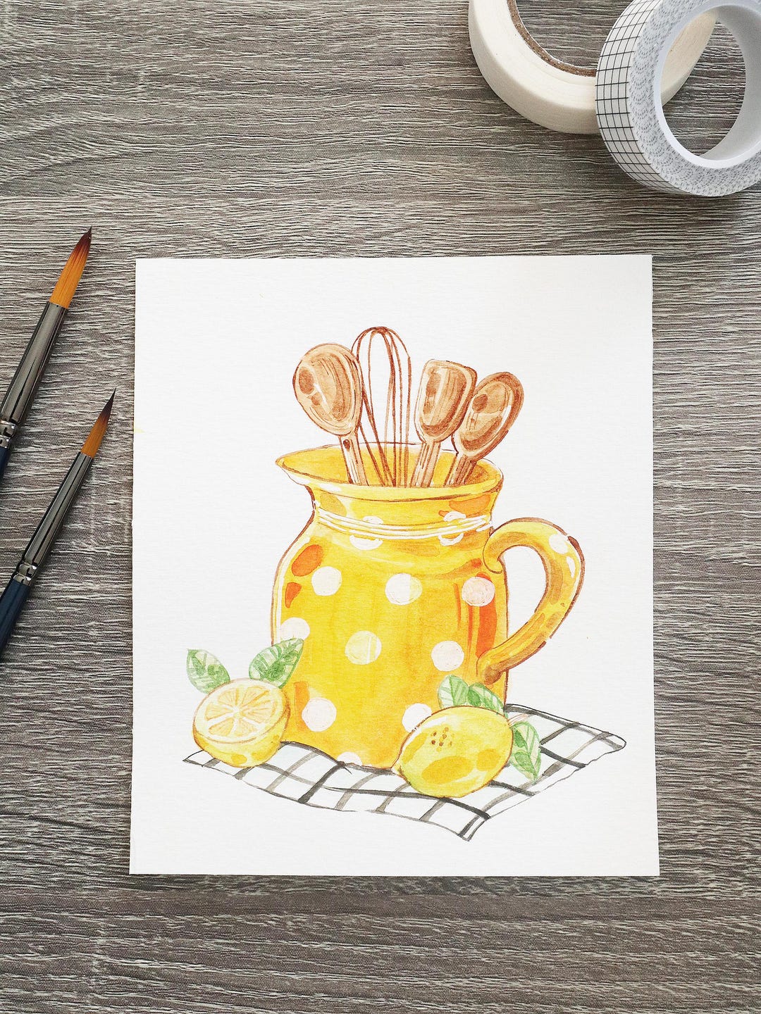Yellow Cookware Set , Original Watercolor Craft Painting, Handmade Gift ...