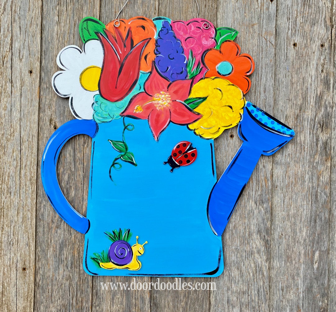 Jumbo Watering Can Full of Flowers With Snail and Ladybug Front Door ...