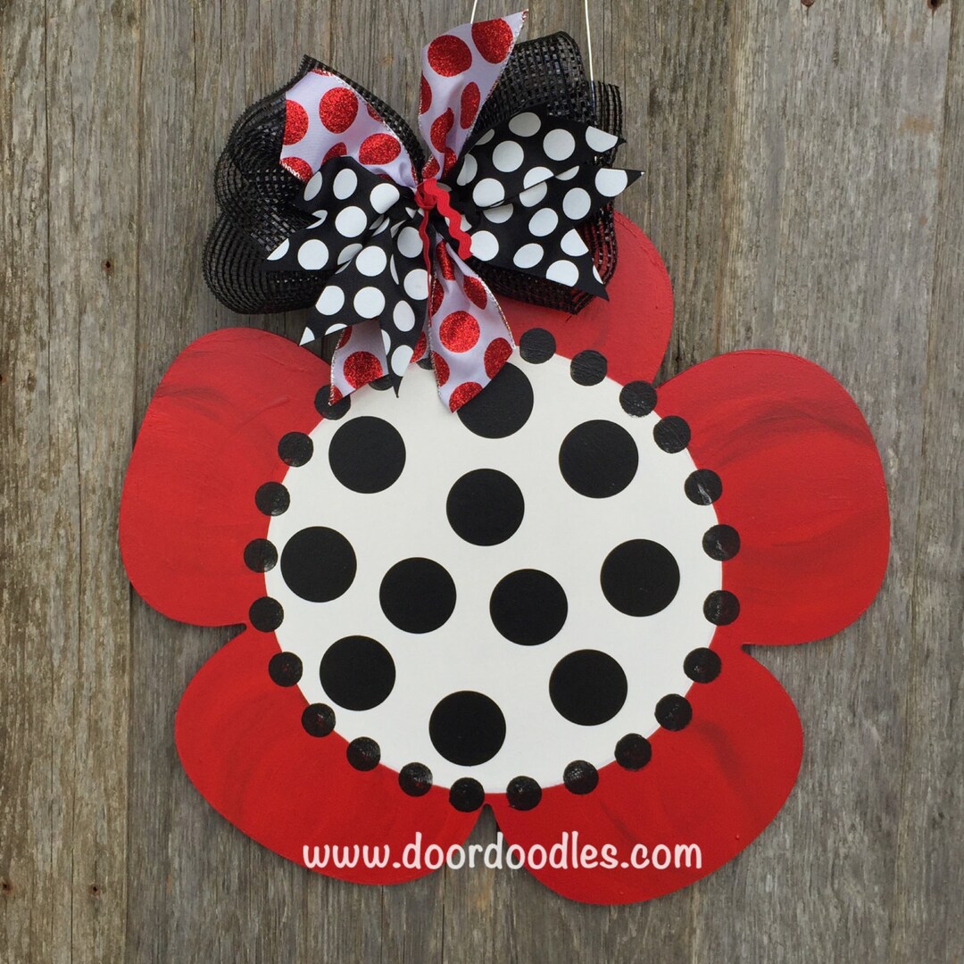 Red Flower With Polka Dot Center Front Door Hanger Decoration Wood ...
