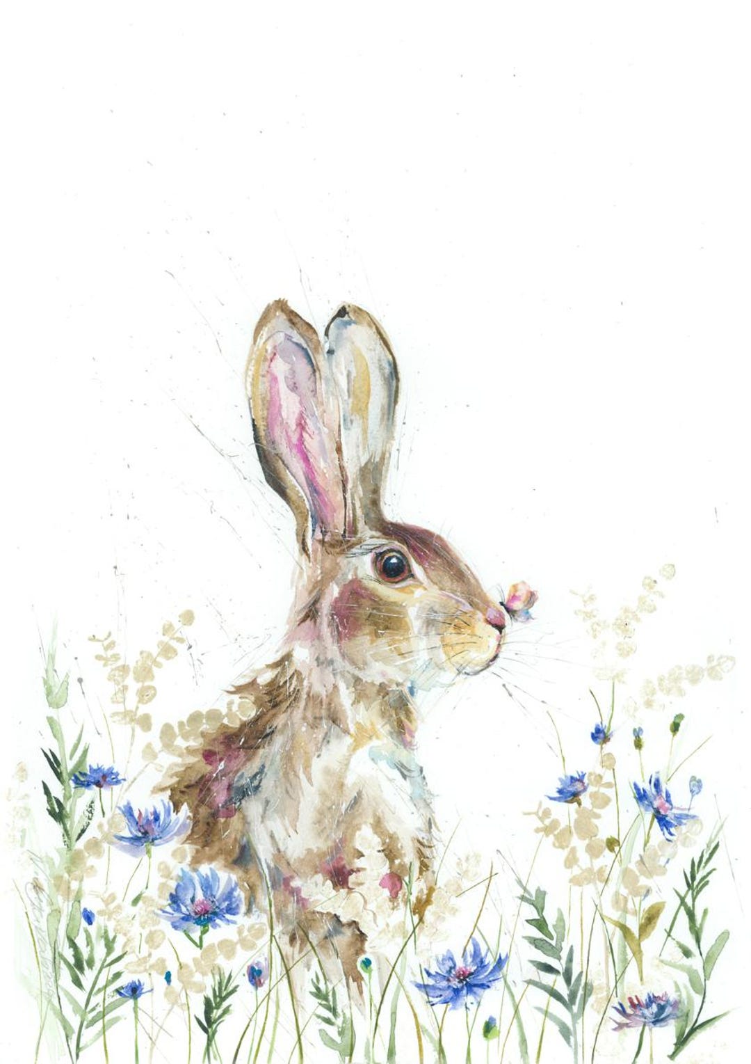 ORIGINAL Watercolour Painting Rabbit and Butterfly Collectable Wildlife ...
