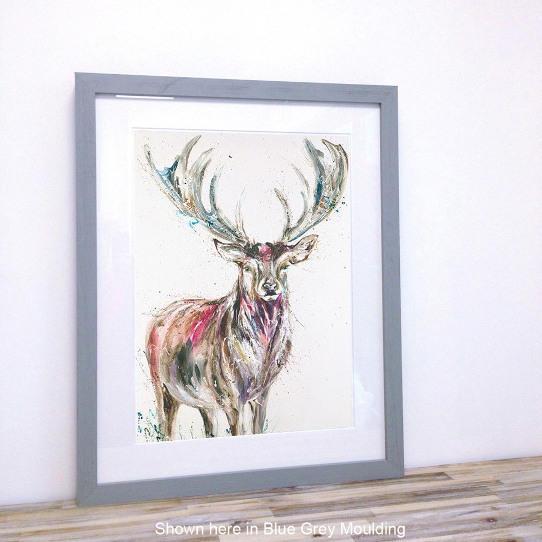Grey Framed Giclee Watercolour Wild Highland Stag / Stags Deer Wildlife ...