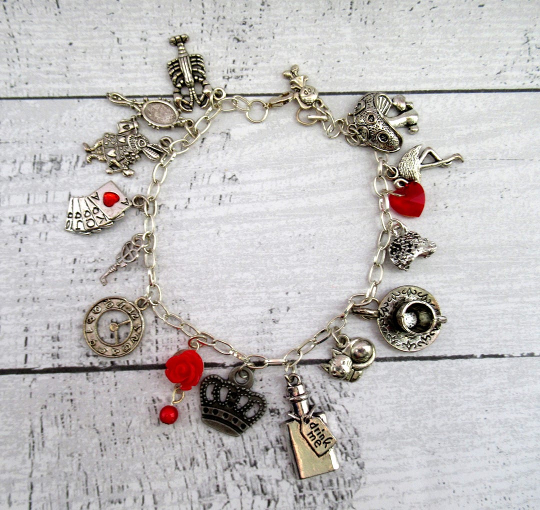 Alice in Wonderland Mad Hatter Queen of Hearts Themed Charm Bracelet - Etsy