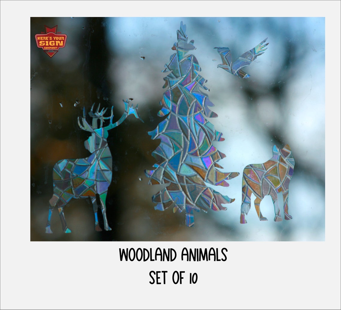 Woodland Animals & Trees Window Clings. Set of 10. Sun Catcher. Rainbow ...