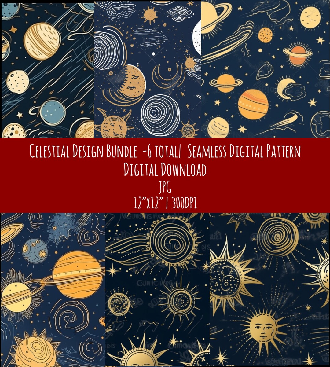 Celestial Sun, Moon & Planets Bundle in Hand Drawn Style- Seamless ...