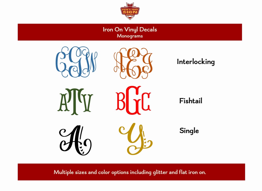 Personalized Custom Monogram Iron on Vinyl Decal Transfer in Assorted ...