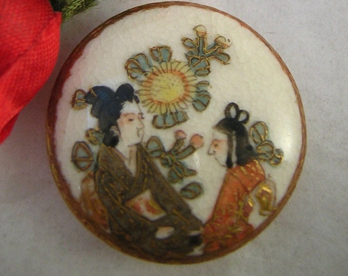 Medium, Satsuma Button, 2 Japanese Maidens in Garden, Hand Painted ...