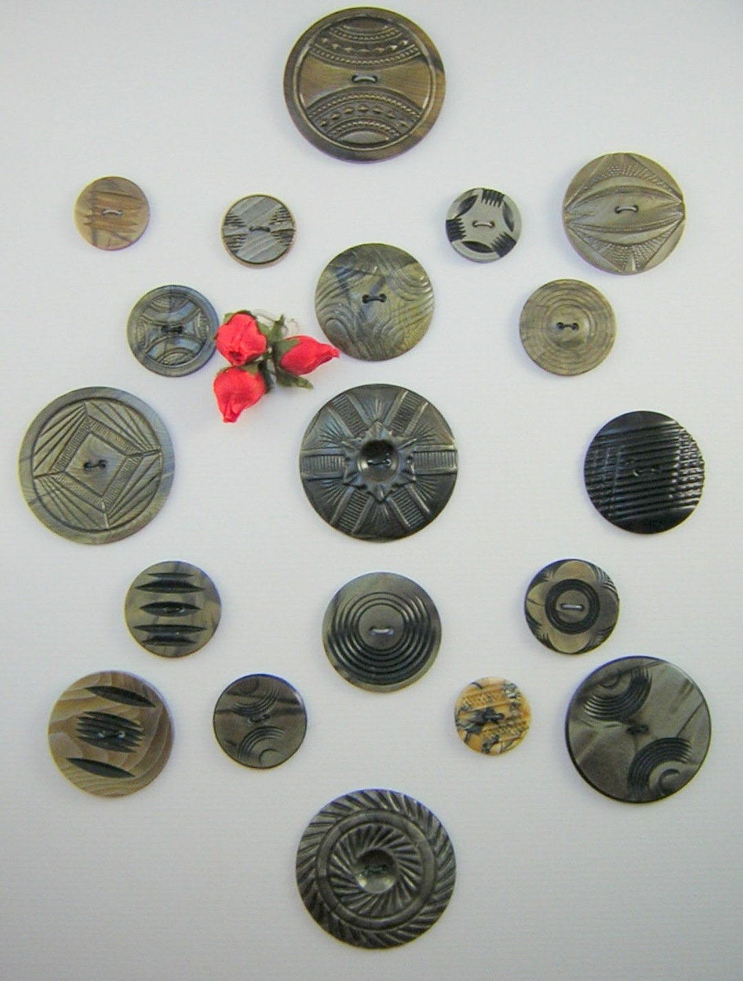 19 Celluloid Wafer Buttons, Art Deco Designs, Sew-thru, Small to Large ...
