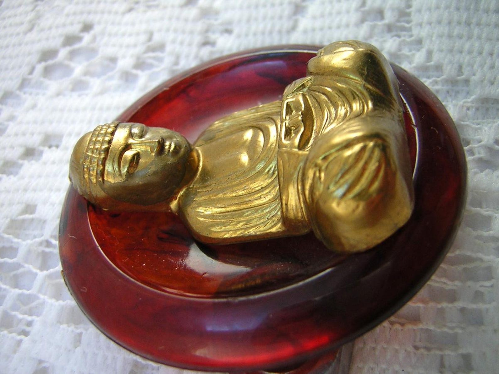 Large, Faux Tortoise Shell Button, Brass Buddha Escutcheon, Vintage ...