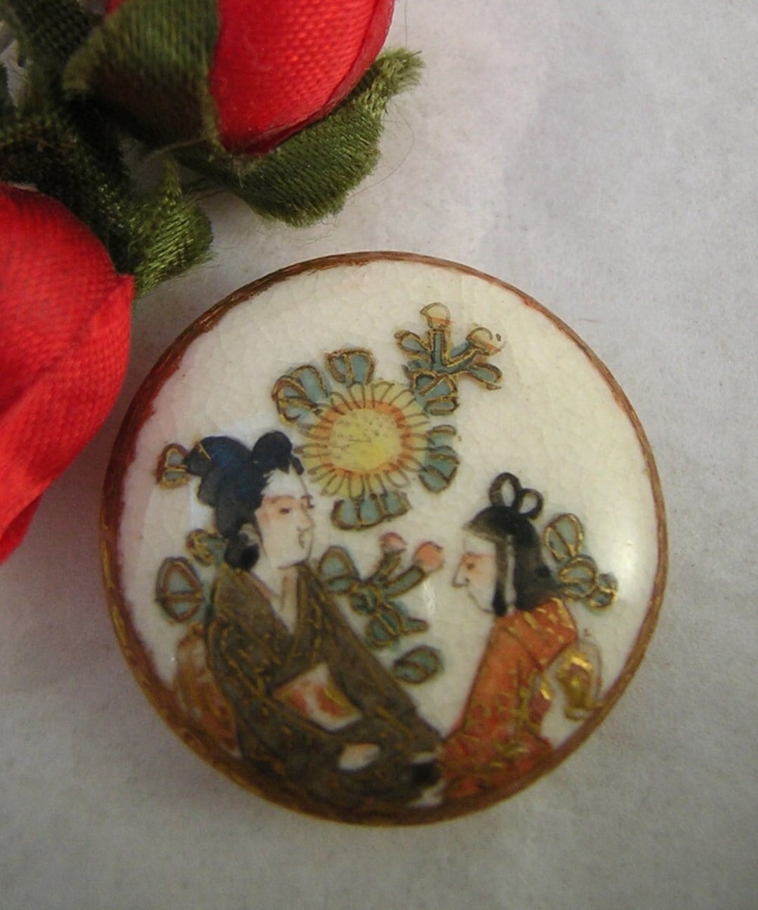 Medium, Satsuma Button, 2 Japanese Maidens in Garden, Hand Painted ...