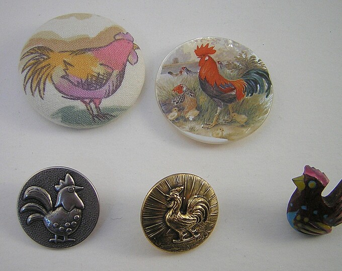 5 Rooster Buttons, Farmyard Fowl, Wood, Pearl, Fabric, Metal, Collect ...