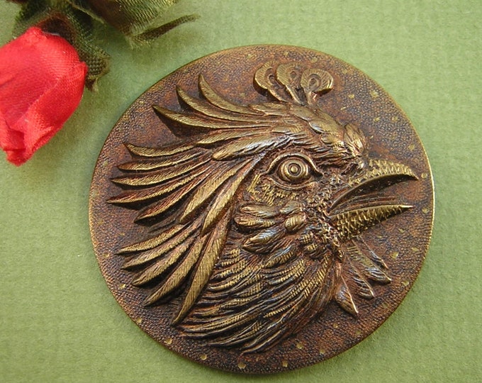 Large, Antique, Brass, Rooster Button, Repousse Stamped, Barnyard Fowl ...
