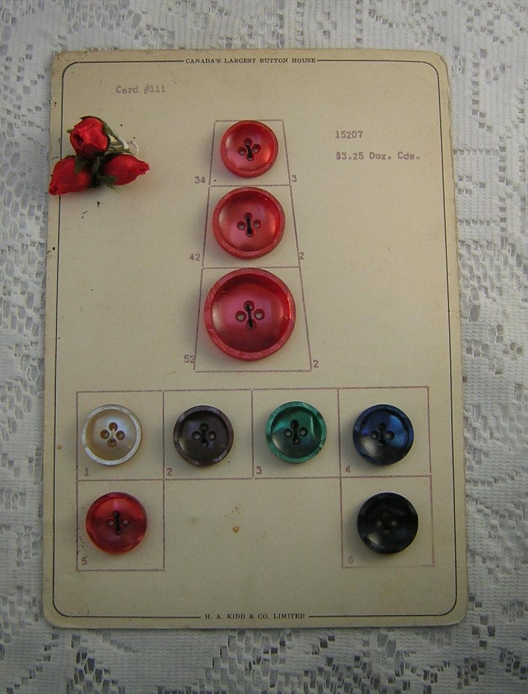 Original Button Sample Card, Vintage, 4-hole Sew-thru Buttons ...