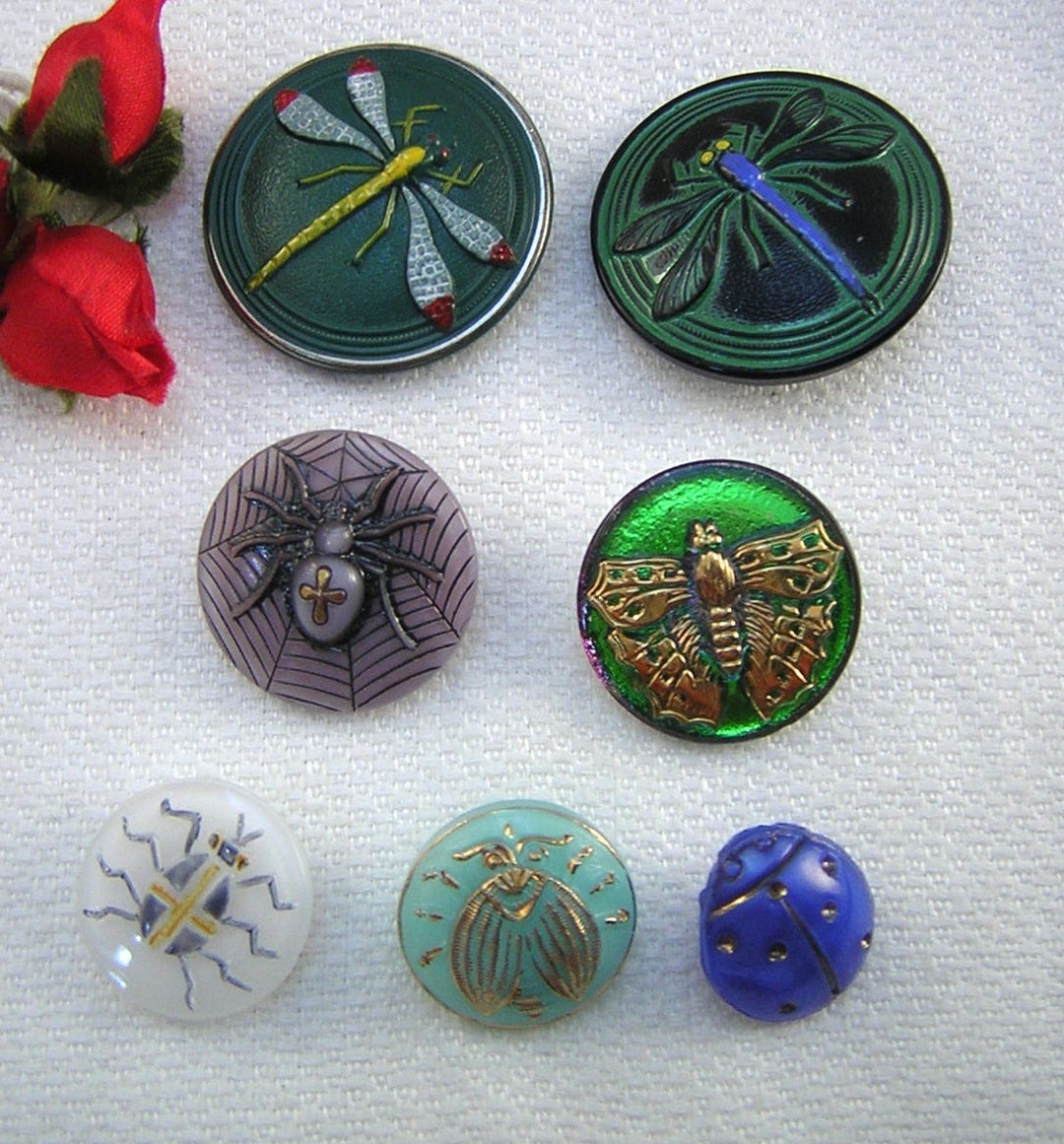 7 Modern Glass Buttons, Insects, Spider, Bugs, Butterfly, Moonglow ...
