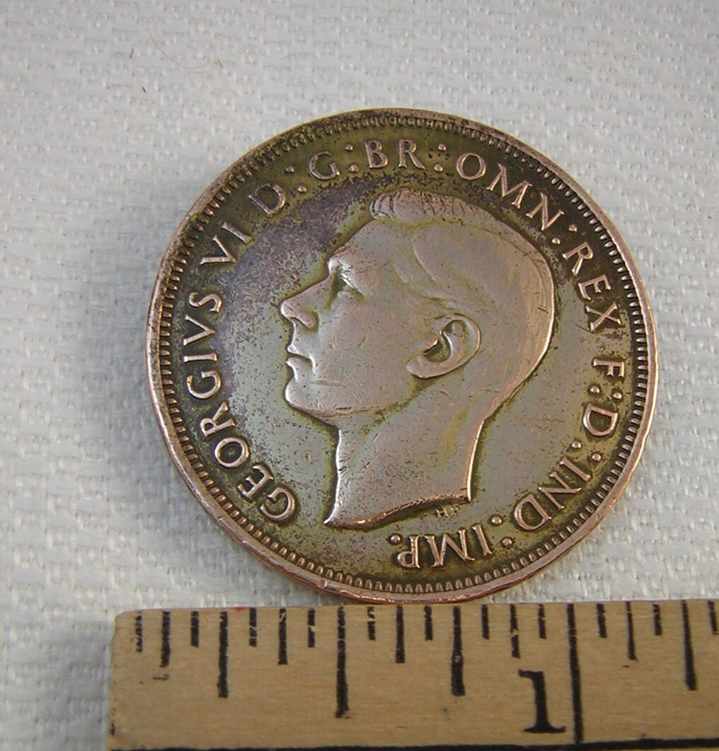 1945 UK King George VI One Penny Coin Button, End of World War II ...