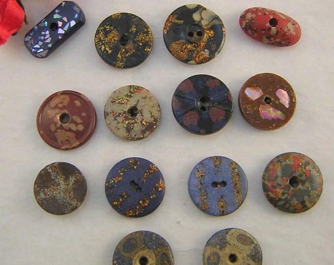14 Antique Composition Buttons, Lots of Glitter, Flecks, Pearl Chips ...