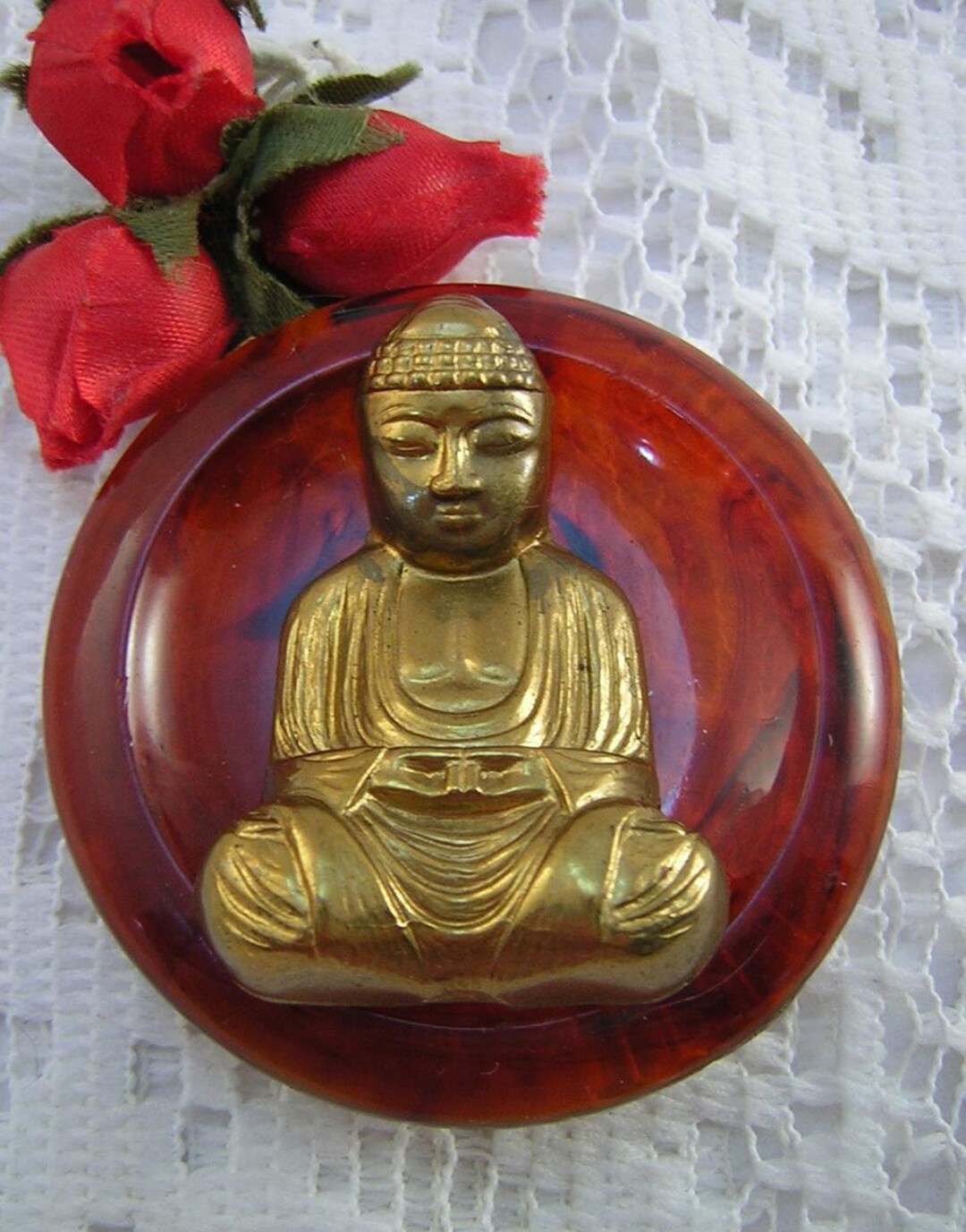 Large, Faux Tortoise Shell Button, Brass Buddha Escutcheon, Vintage ...