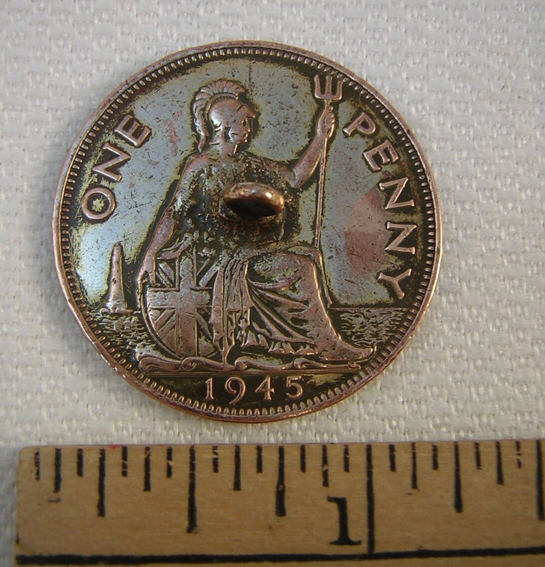 1945 UK King George VI One Penny Coin Button, End of World War II ...