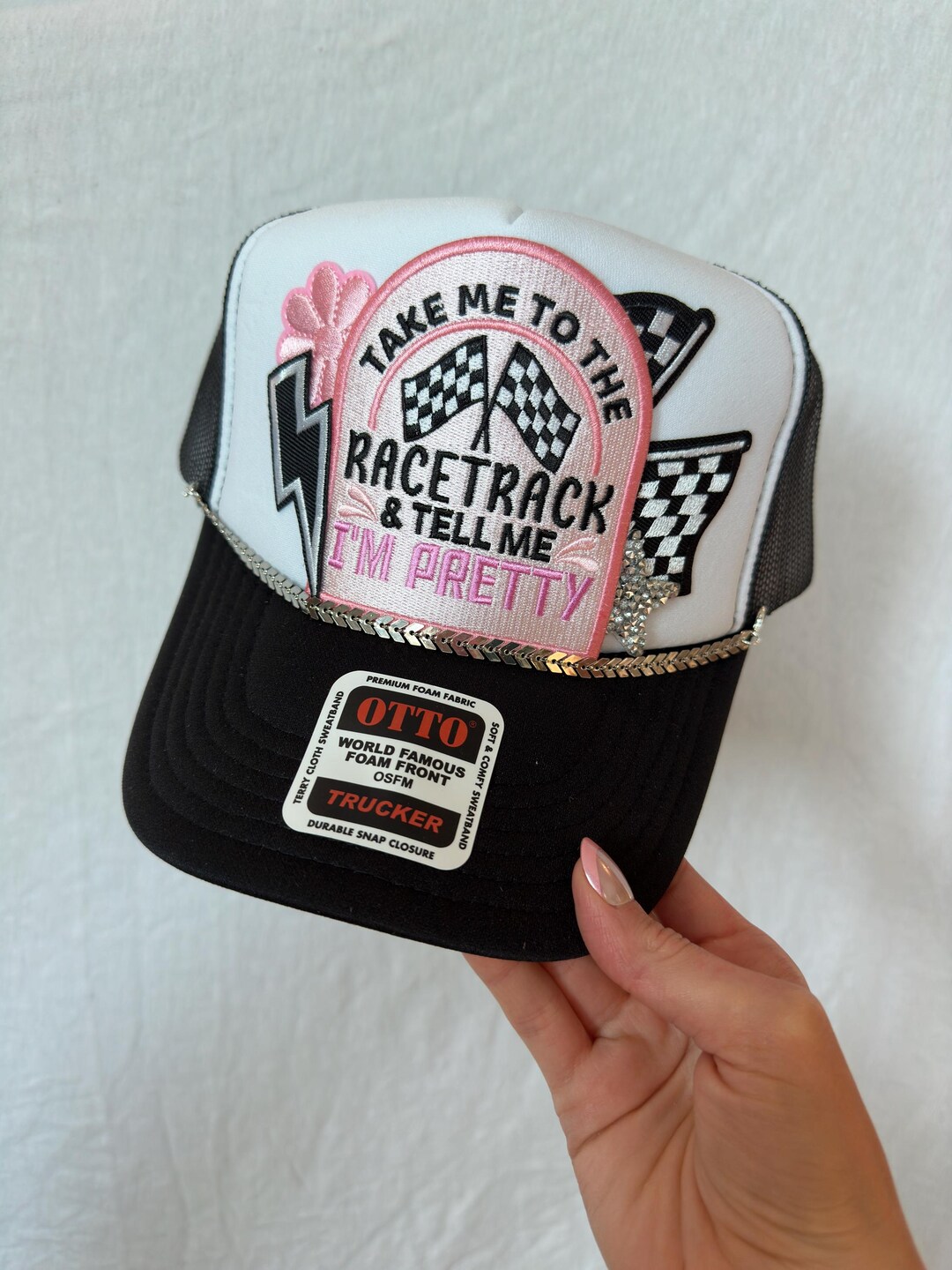 Black/white Take Me to the Racetrack Blingy Women's Trucker Hat, Silver ...