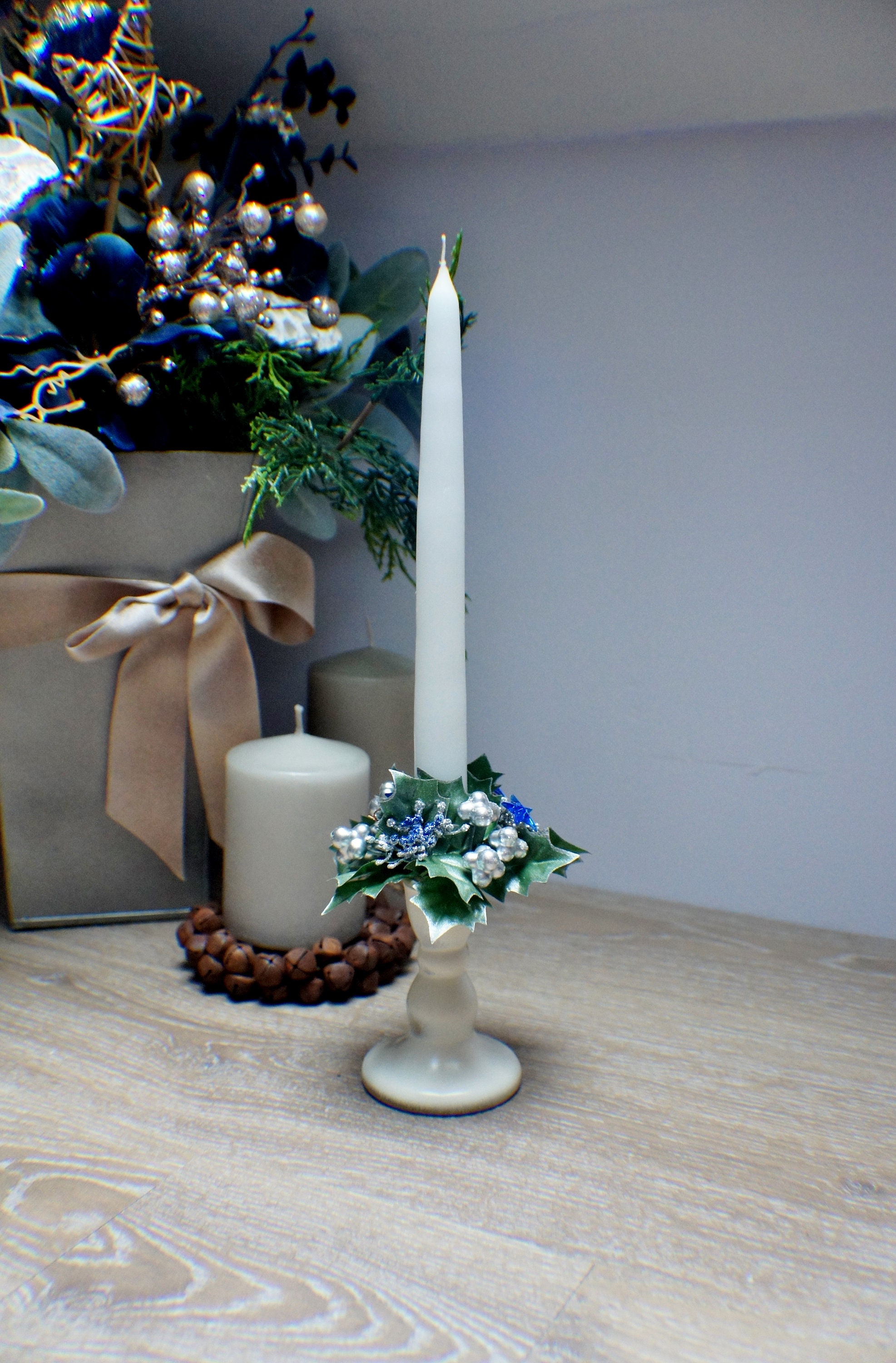 Taper Candle Ring, Farmhouse Christmas Decoration, Small Wreath, Silver ...