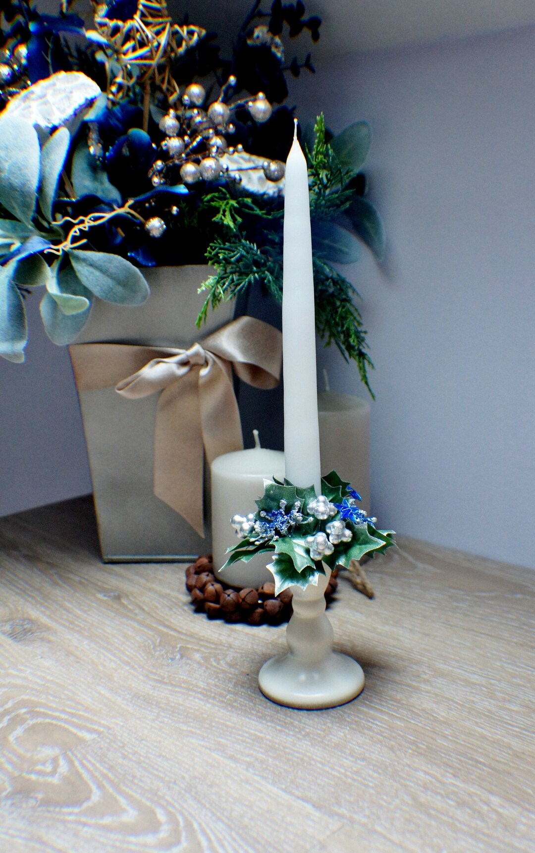 Taper Candle Ring, Farmhouse Christmas Decoration, Small Wreath, Golden ...