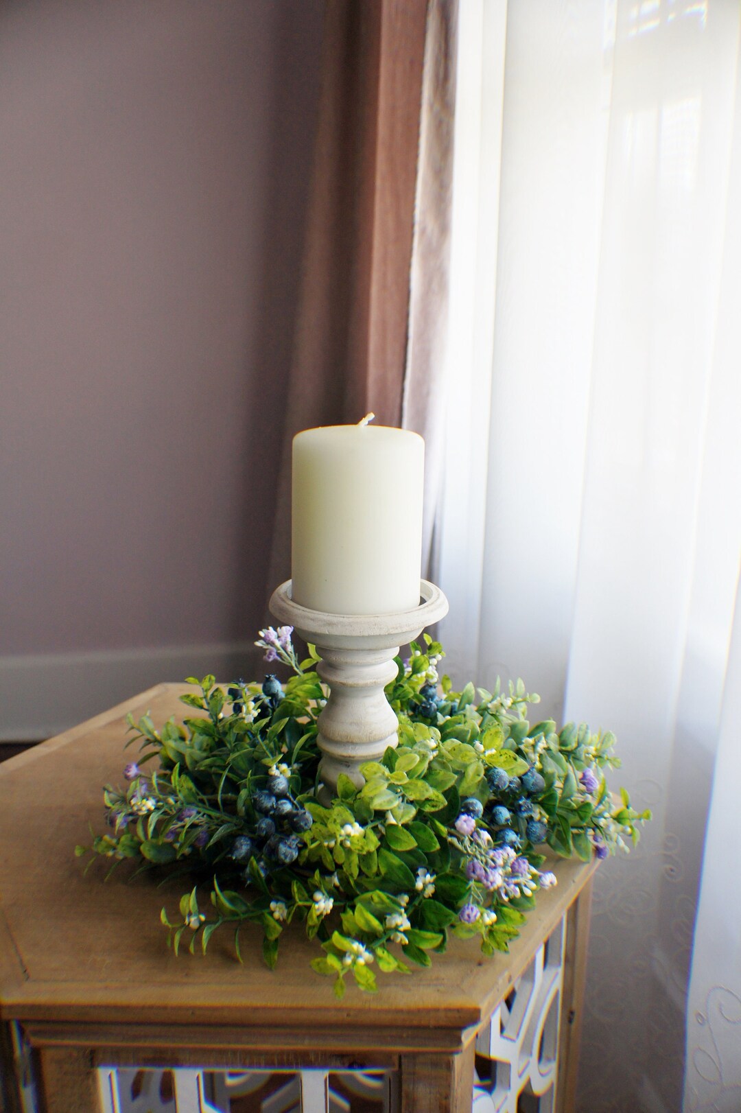 Farmhouse Candle Ring Easter Decor, Blueberries, Boxwood, Eucalyptus ...