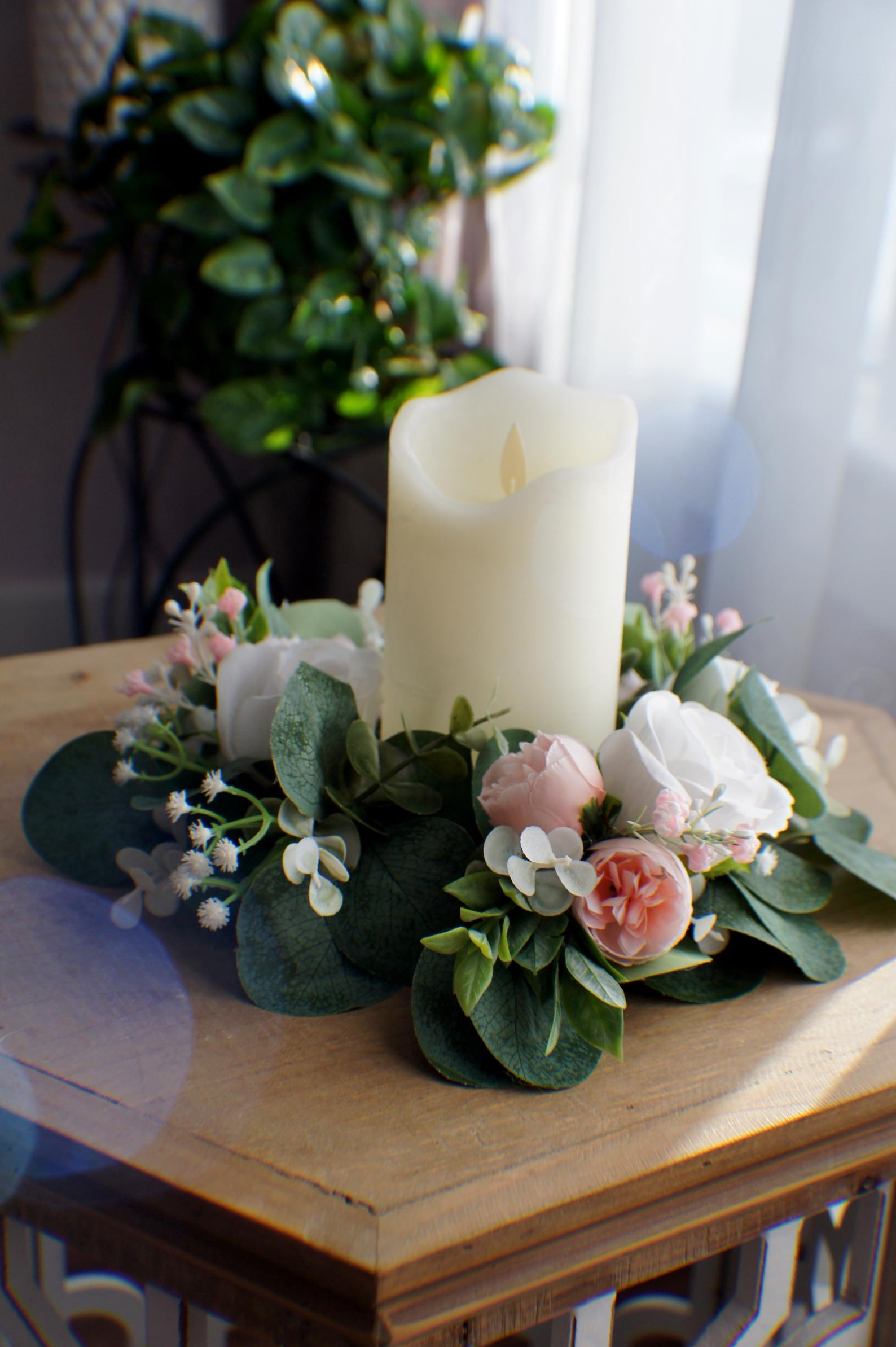 Farmhouse Candle Ring Wedding Decor Easter Decor, Roses, Eucalyptus ...
